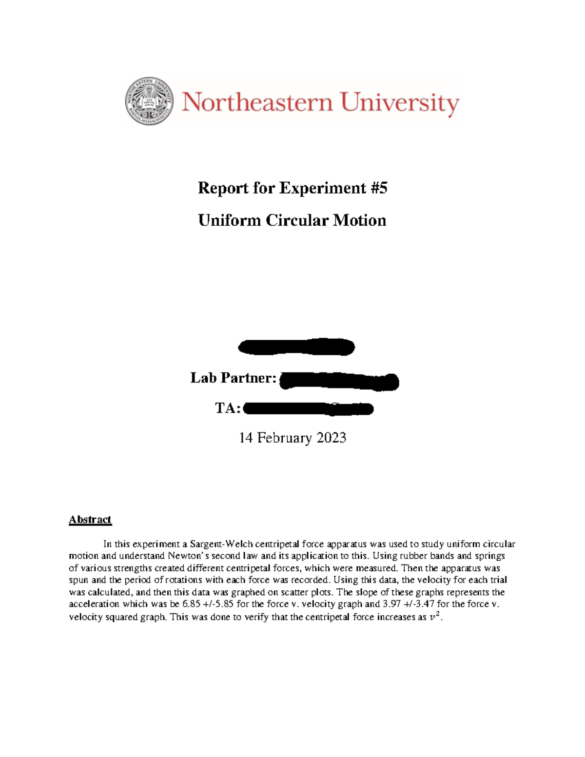 Lab Report-Experiment 5 - Report for Experiment Uniform Circular Motion ...