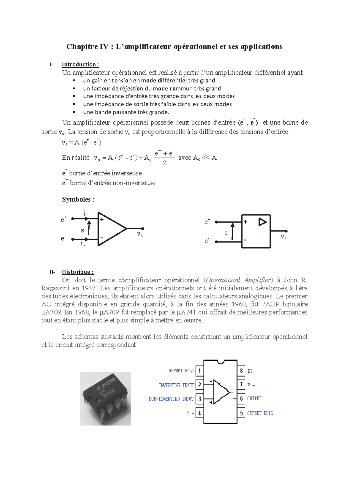 Chapitre 4 Amplificateur opérationnel - Chapitre IV : L’amplificateur opérationnel et ses - Studocu