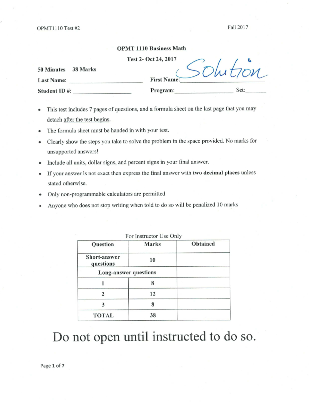 Test November 2017, answers - OPMTl 1 10 Test #2 Fall 2017 OPMT 1110 ...