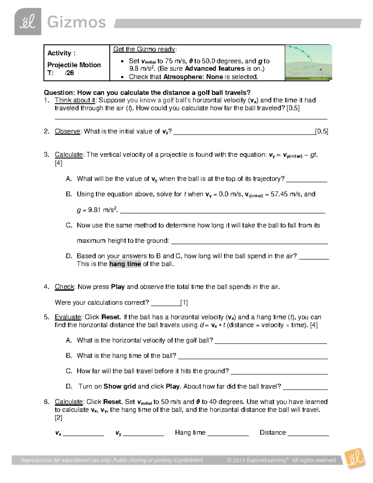 Worksheet of phsycis, intro and a lab - 2019 Activity : Projectile ...
