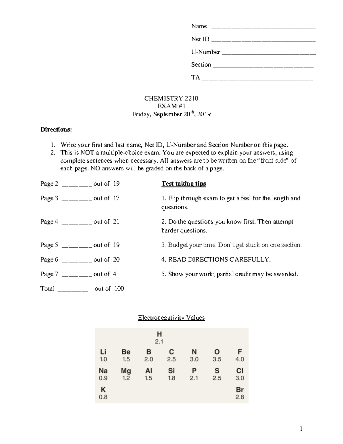 Old Exam 1 (F19) - Practice Exam for Fall 2019 - CHEMISTRY 2210 EXAM ...