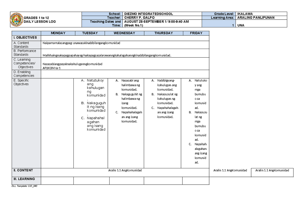 DLL-AP2-Q1W1 - vocational course - GRADES 1 to 12 DAILY LESSON LOG ...