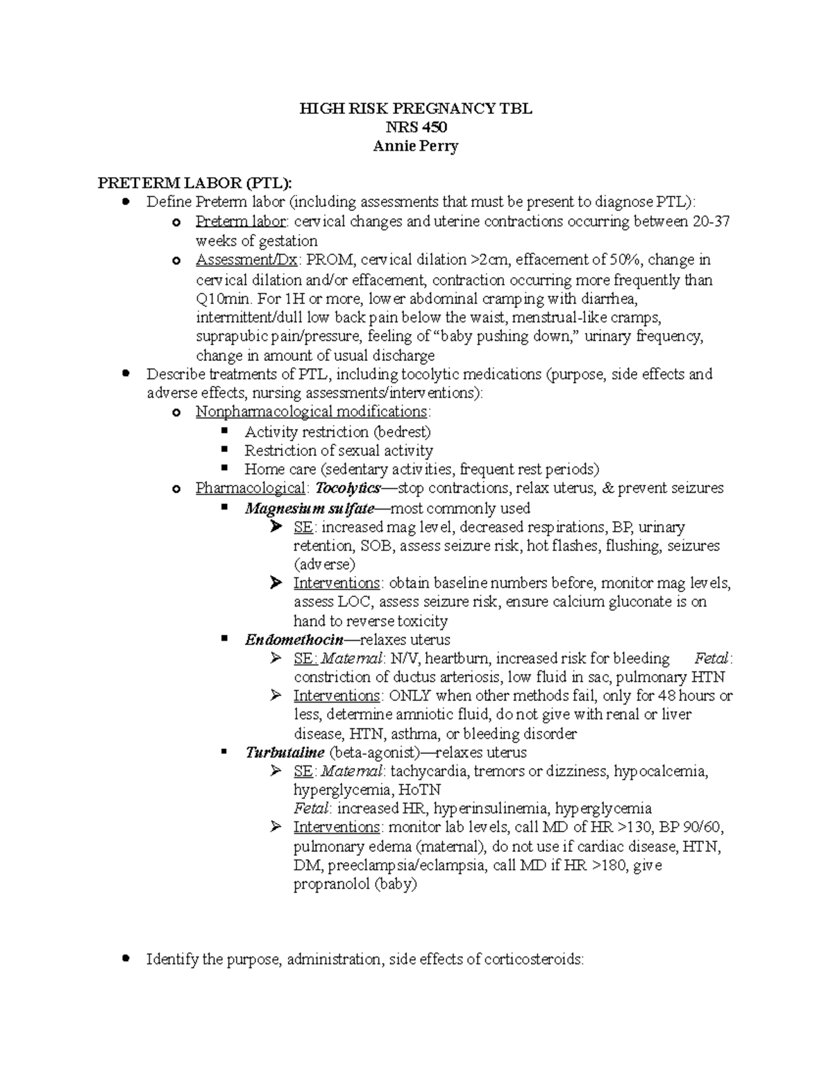 HROB TBL - High risk OB - HIGH RISK PREGNANCY TBL NRS 450 Annie Perry ...