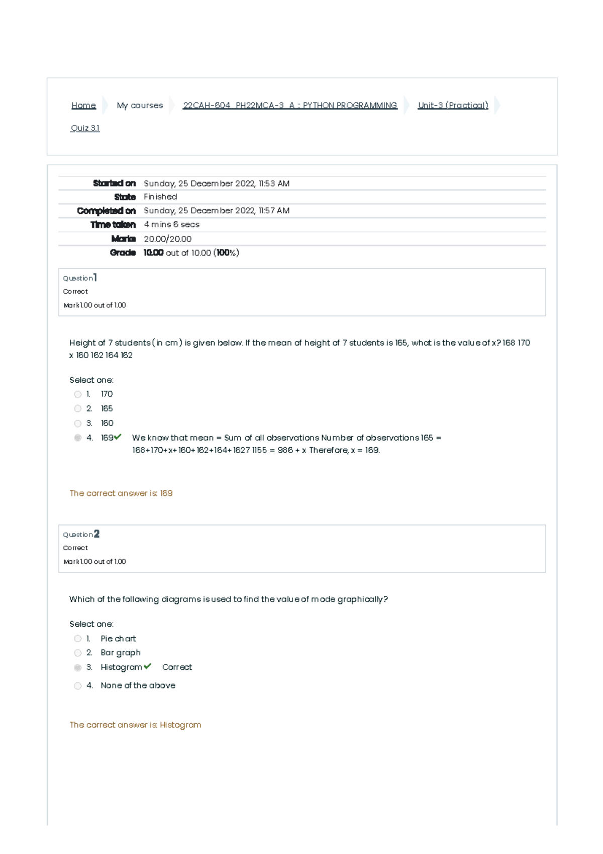 Python Quiz 31 Attempt Review Home My Courses 22cah 604ph22mca 3a Python Programming