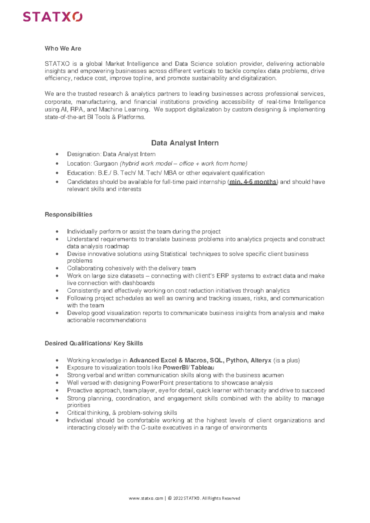 Data Analyst Intern - It hffujh - Who We Are statxo | © 2022 STATXO. All Rights Reserved STATXO ...