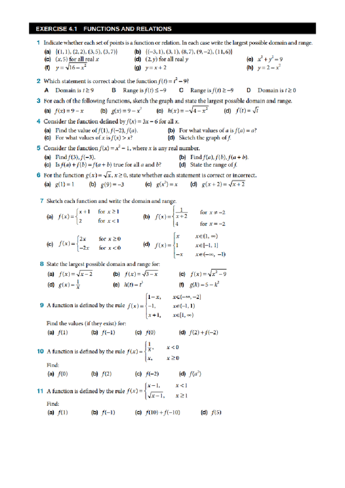 2U Ch4 Functions - EXERCISE 4 FUNCTIONS AND RELATIONS 1 Indicate ...