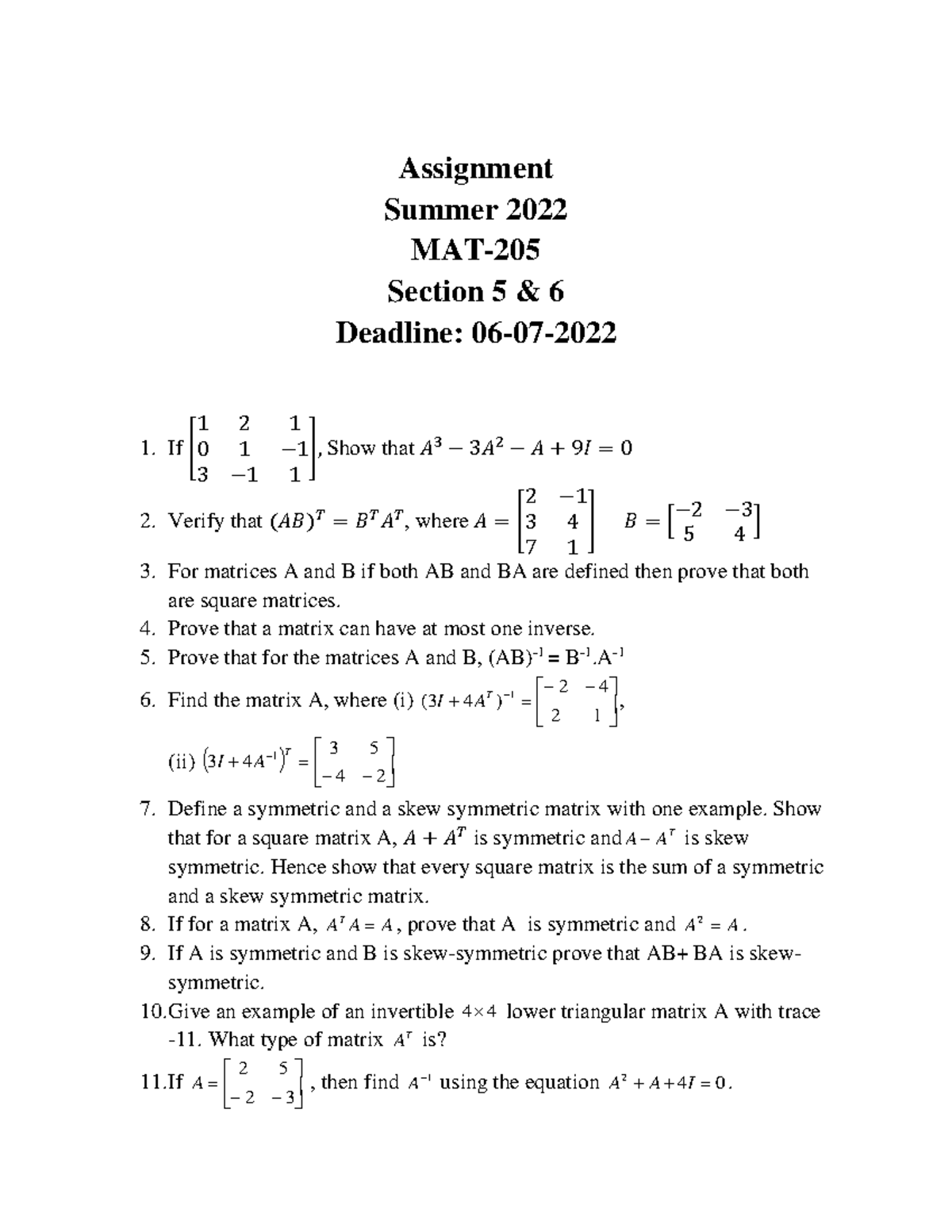Assignment-1 - mat205 assignment 1 - Assignment Summer 2022 MAT ...