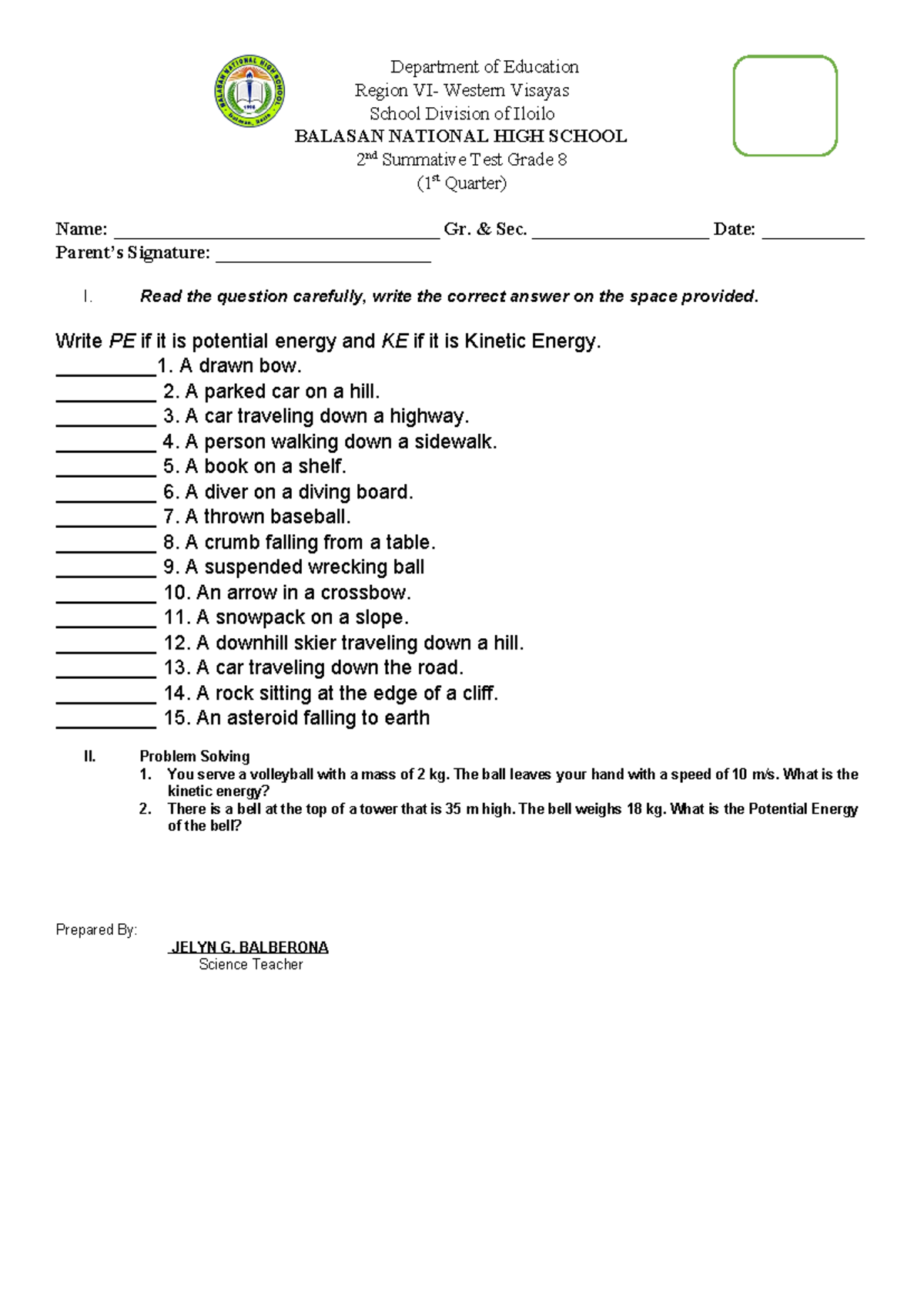 2nd ST, Q1 - SUMMATIVE TEST G8 SCIENCE - Department of Education Region ...