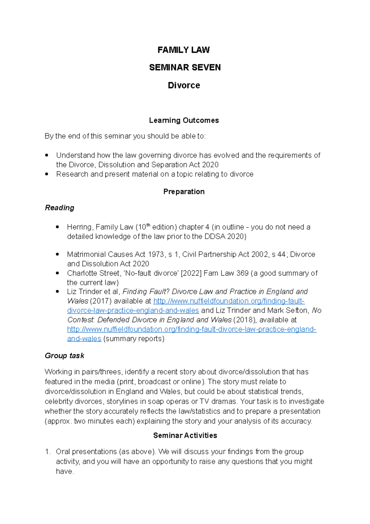 Seminar 7 - FAMILY LAW SEMINAR SEVEN Divorce Learning Outcomes By the ...