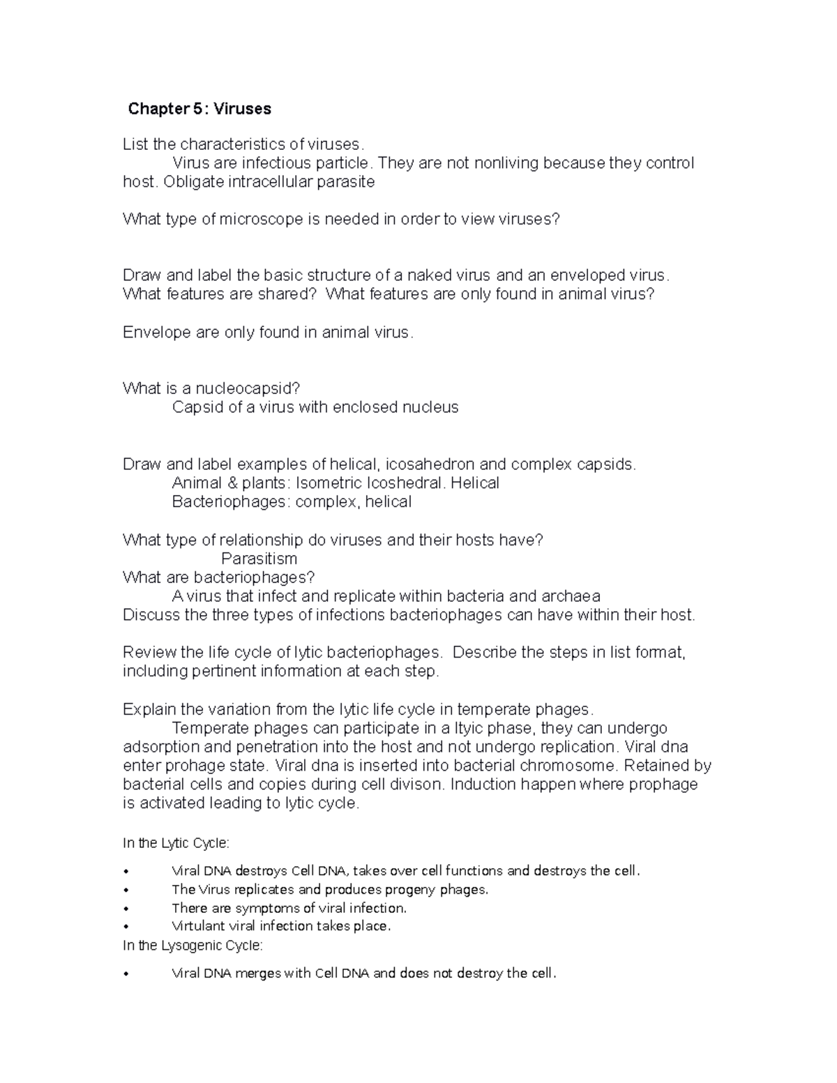 Chapter 5 viruses - Notes - Chapter 5: Viruses List the characteristics ...