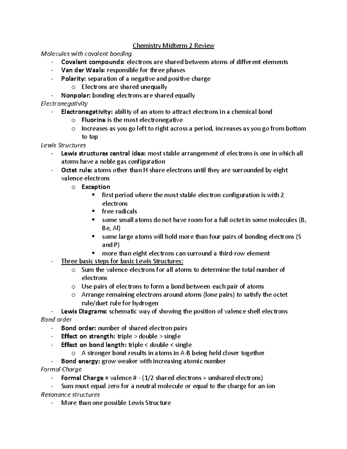 Chemistry midterm 2 review - Chemistry Midterm 2 Review Molecules with ...