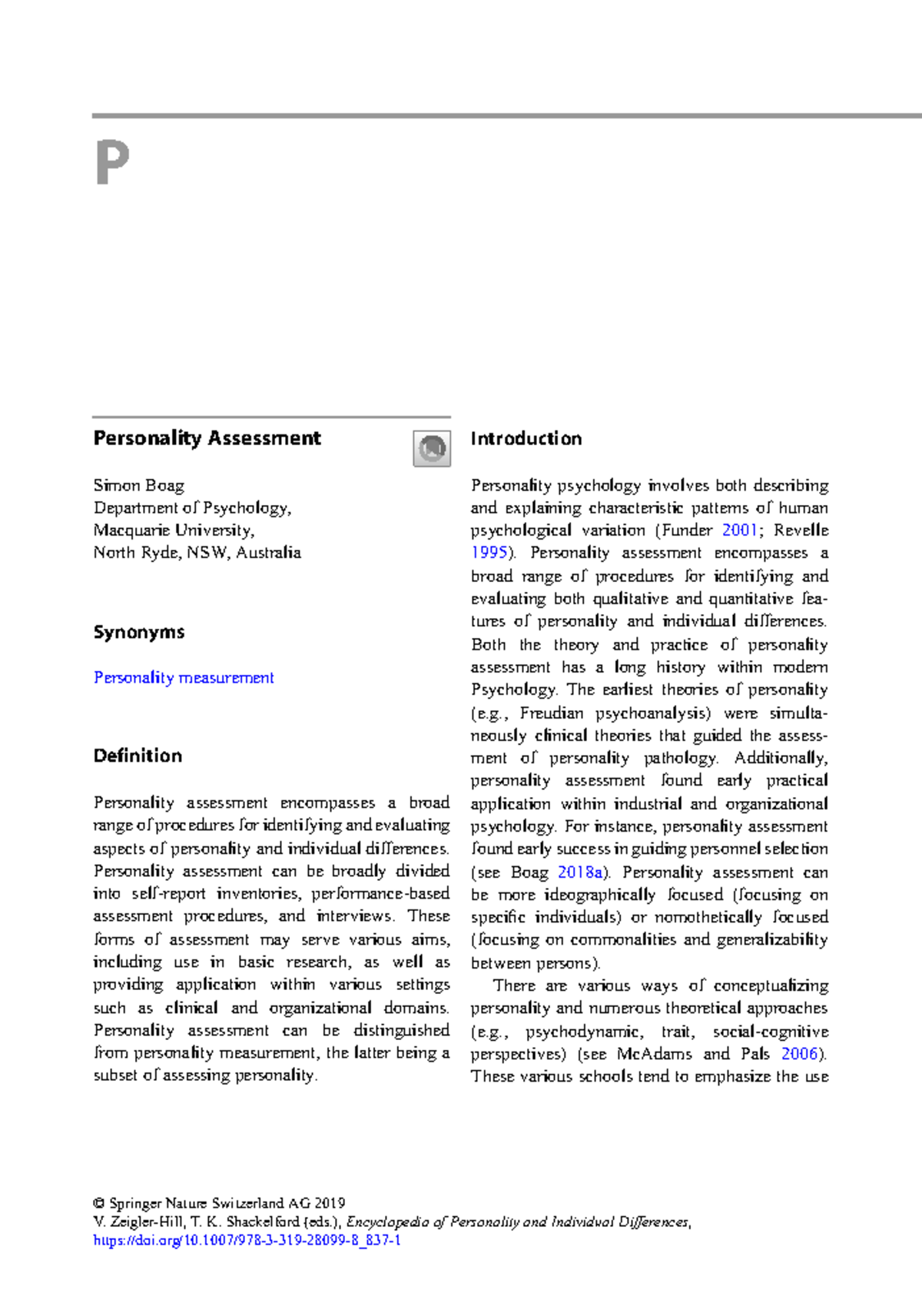 Boag (2019 ) Personality Assessment reading - P Personality Assessment ...