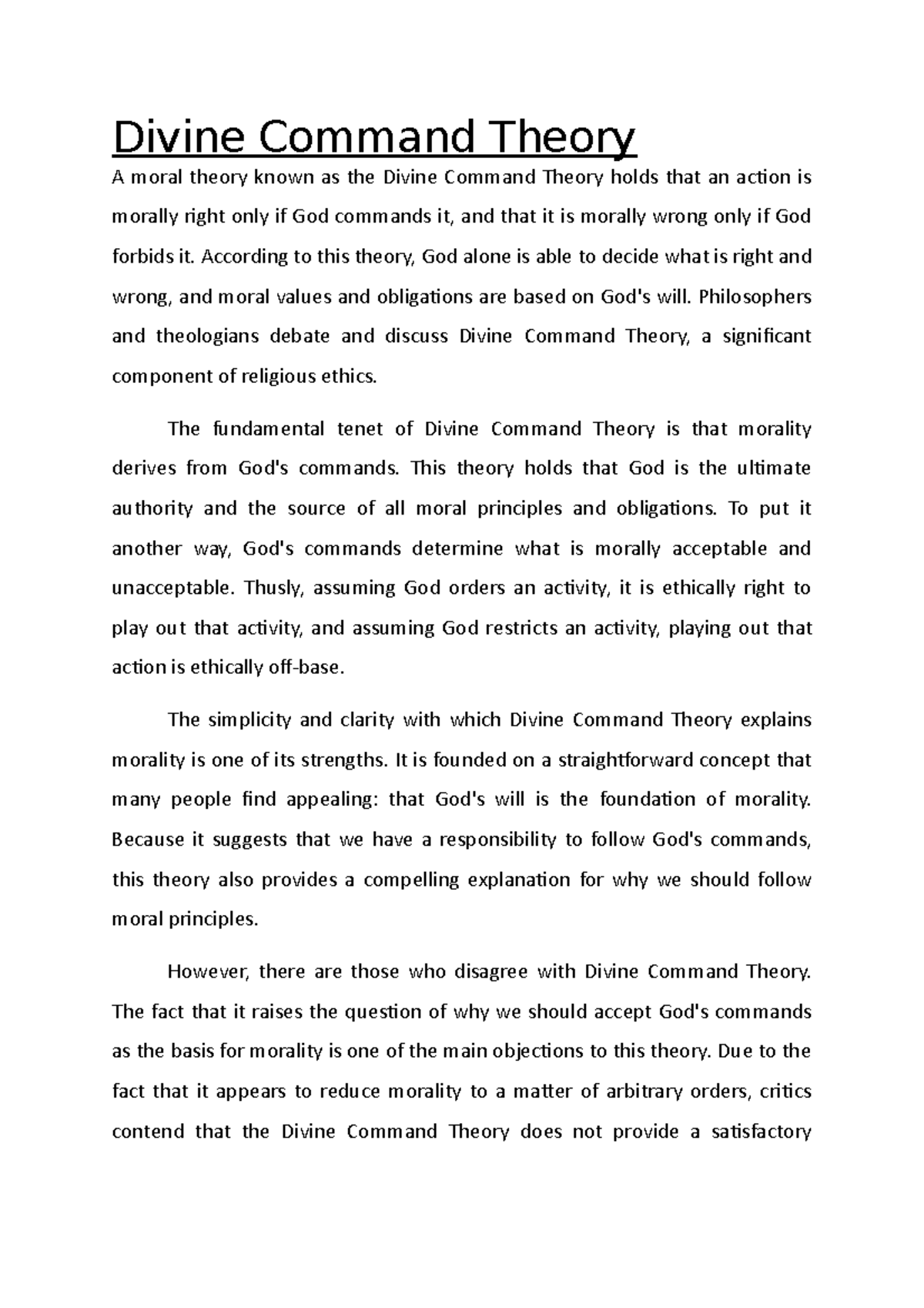 Divine Command Theory - According to this theory, God alone is able to ...