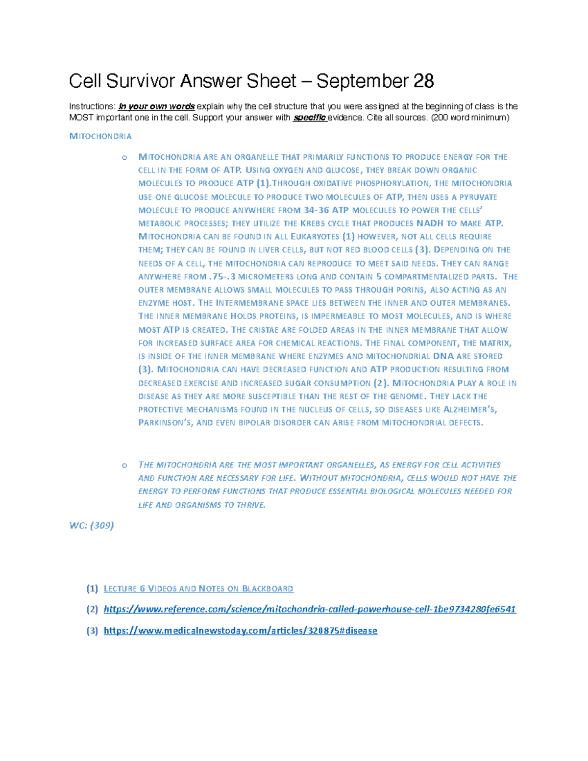 Recitation September 28 - Mitochondria - Cell Survivor Answer Sheet ...
