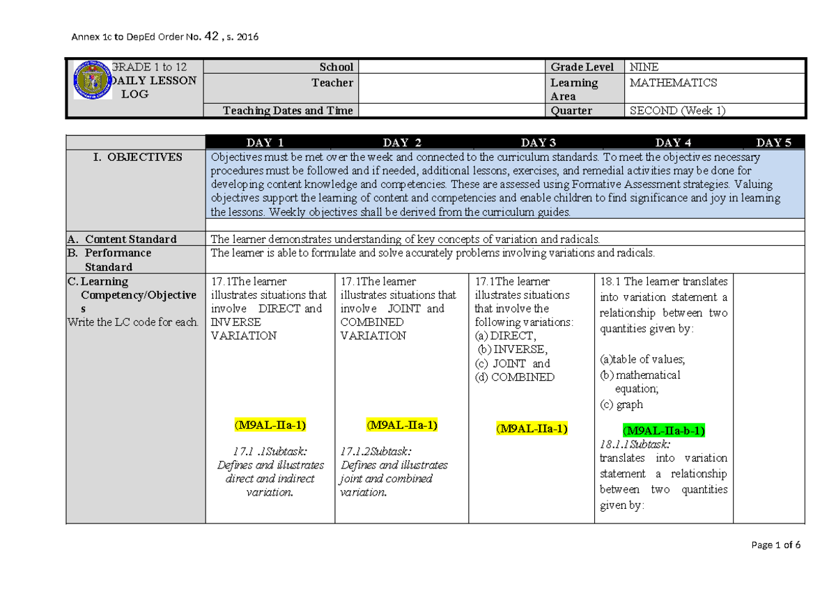 MATH-9-2ND-Q-DLL-1ST-WEEK - GRADE 1 to 12 DAILY LESSON LOG School Grade ...