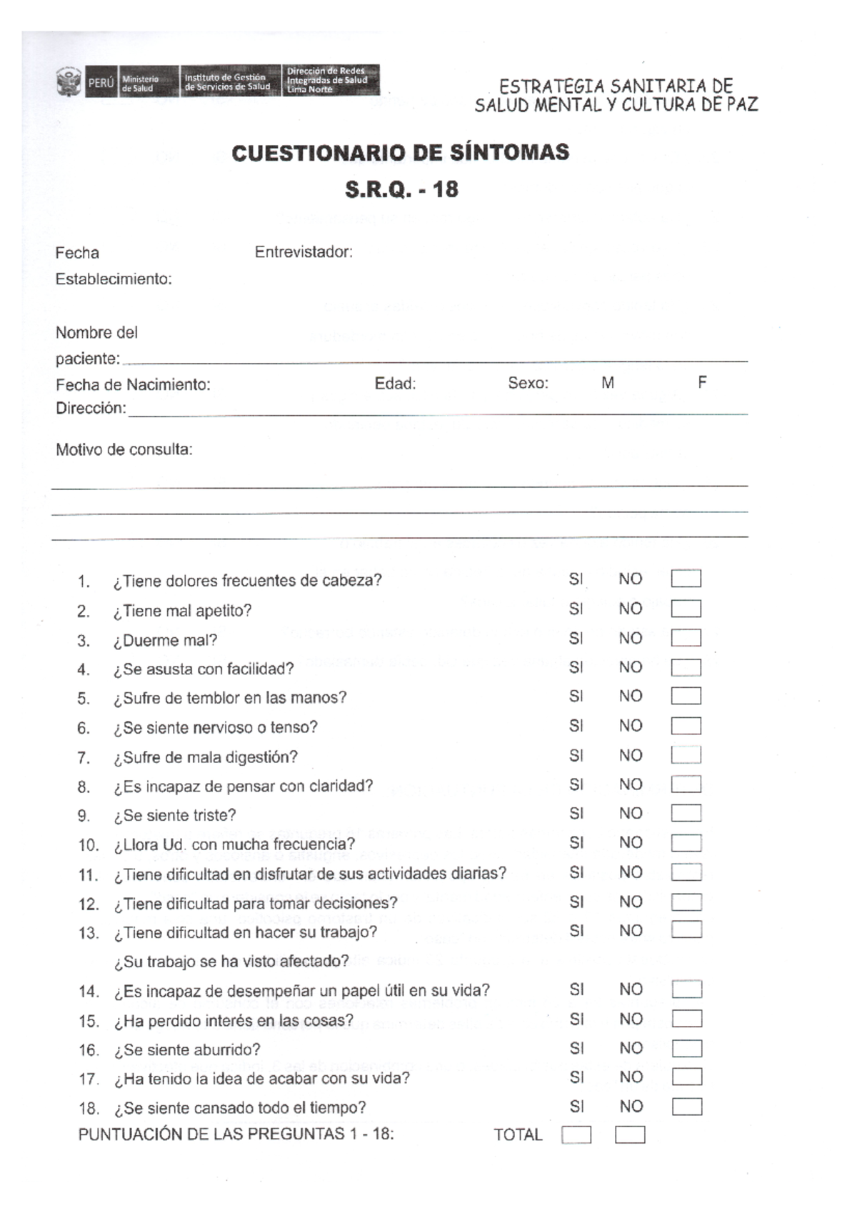 SRQ-18 Minsa - TAMIZAJE SERUM AREA EDUCATIVA - Dirección de Redes PERU Ministerio Instituto de ...