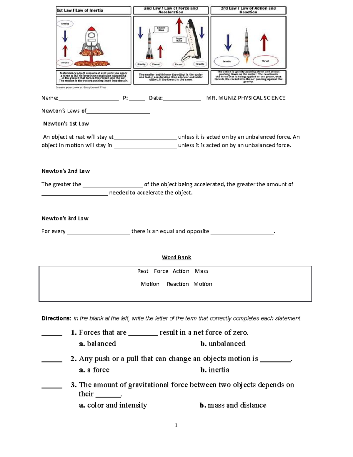 Newtons Laws of Motion Summary - Name:___________________ P: _____ Date ...