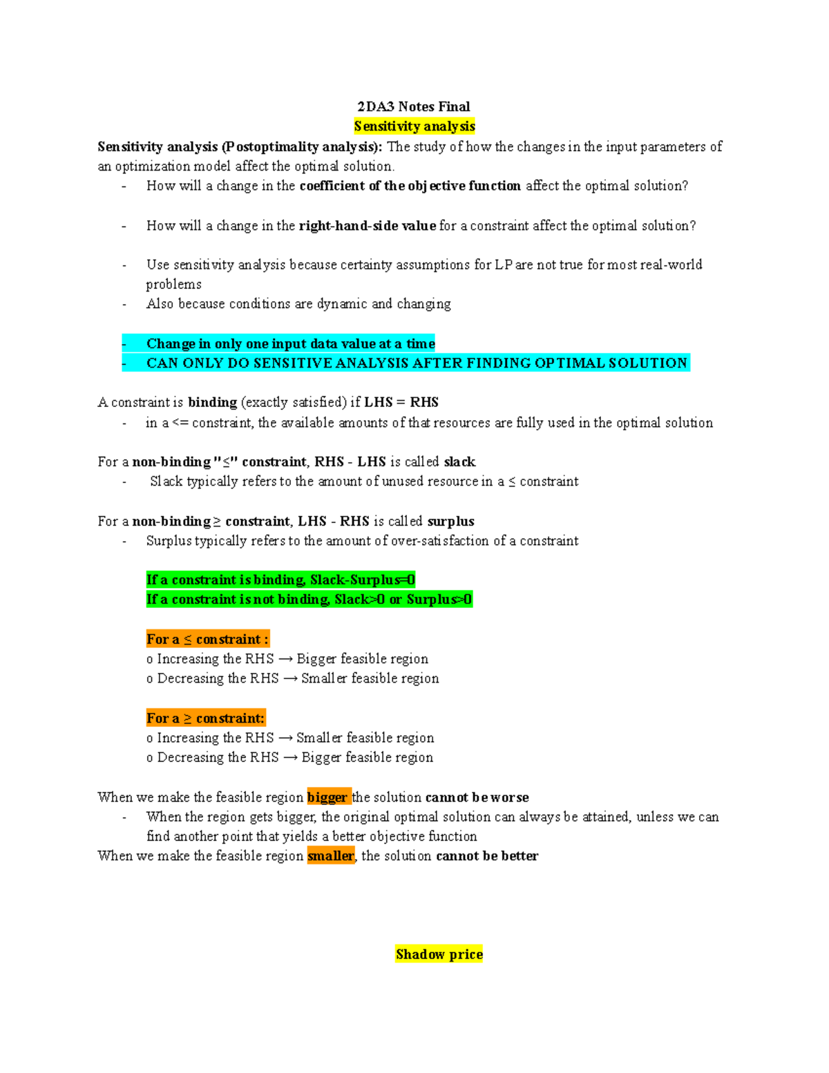 2DA3 notes Final - 2DA3 Notes Final Sensitivity analysis Sensitivity ...