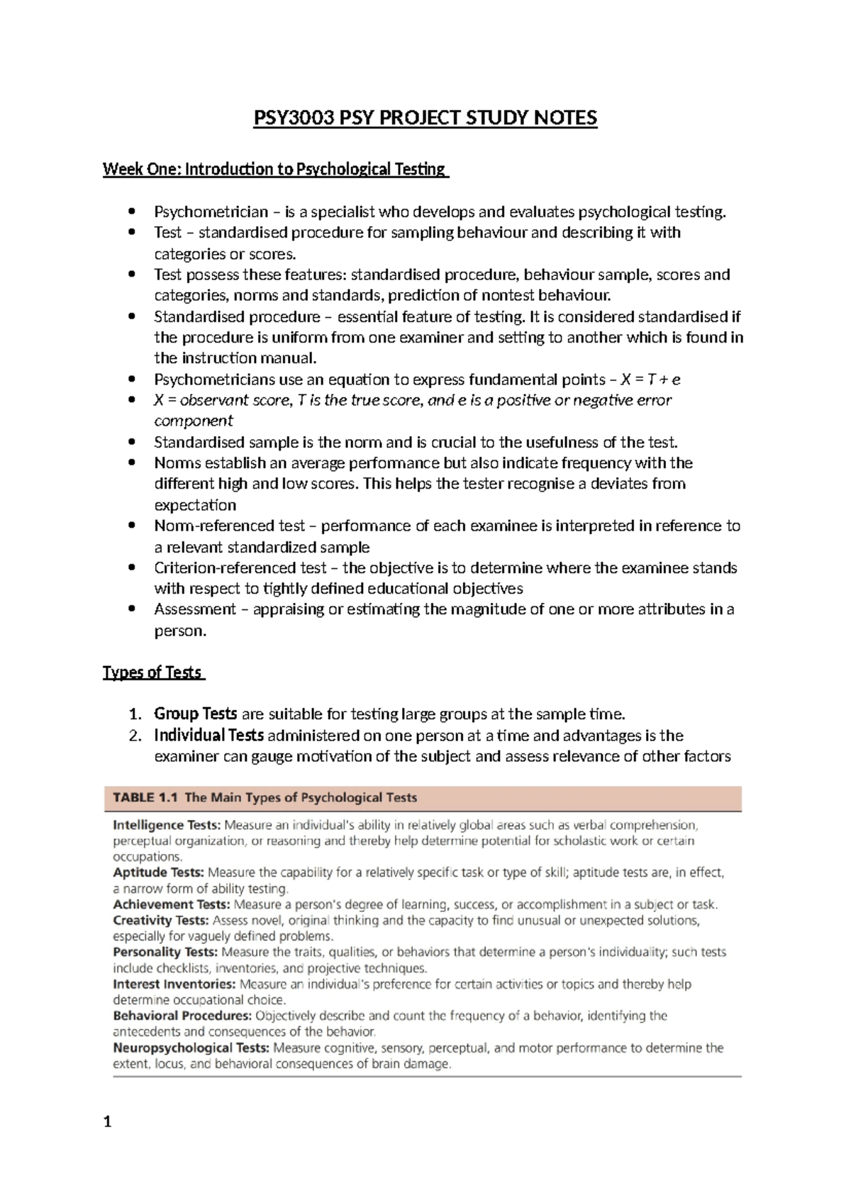 PSY3003 PSY Project Study Notes - PSY3003 PSY PROJECT STUDY NOTES Week ...