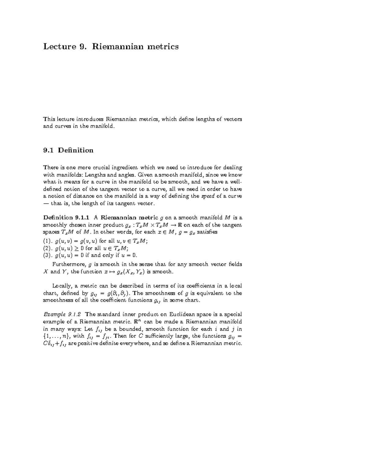 Dg Lecture 9 Riemannian Metrics Lecture 9 Riemannian Metrics This Lecture Introduces
