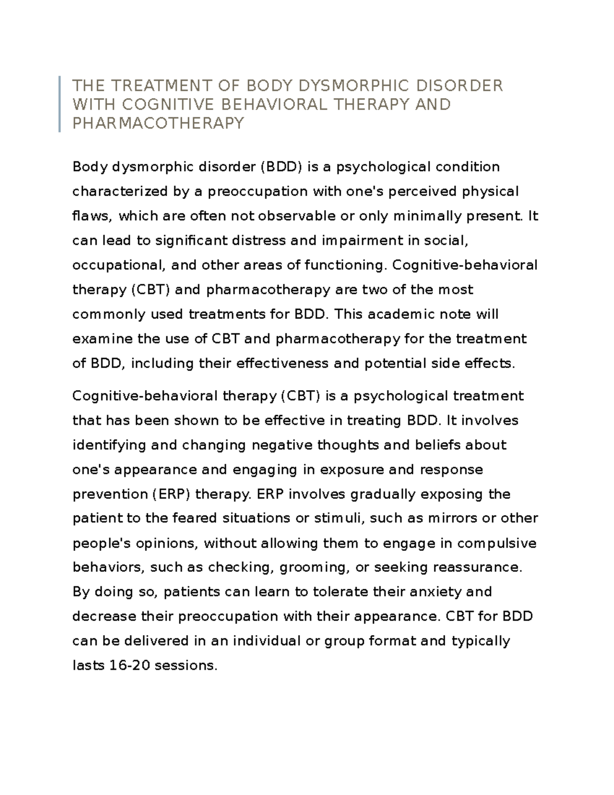 The Treatment of Body Dysmorphic Disorder with Cognitive Behavioral ...