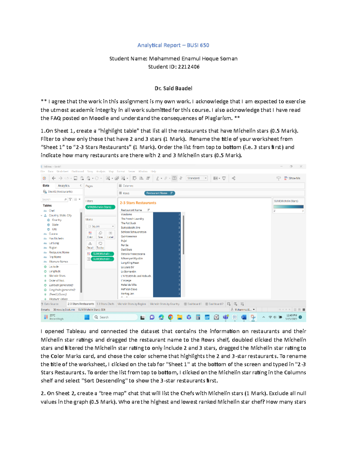Analytical Report – BUSI 650 - Analytical Report – BUSI 650 Student ...