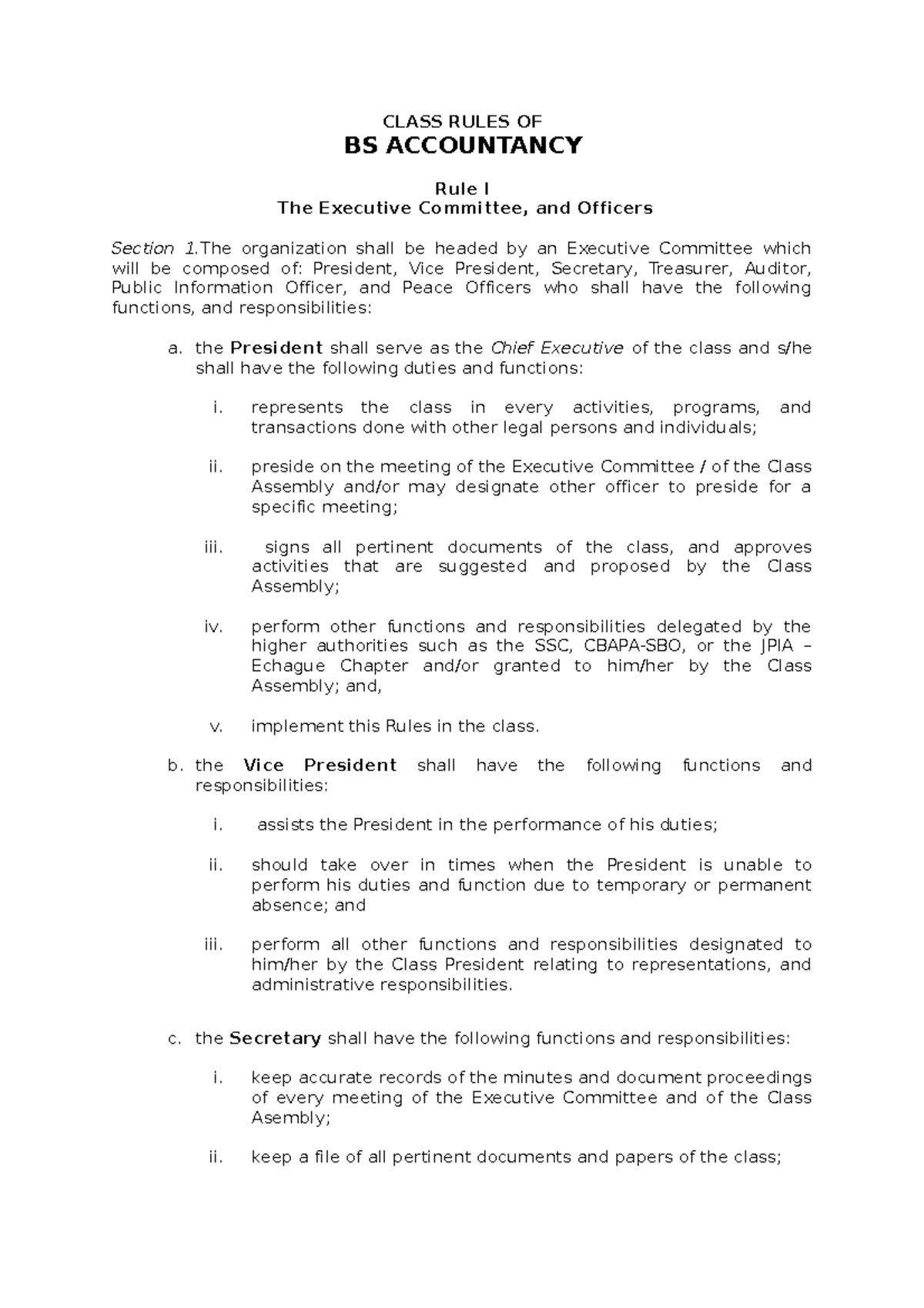 Class Rules and Regulations - CLASS RULES OF BS ACCOUNTANCY Rule I The ...