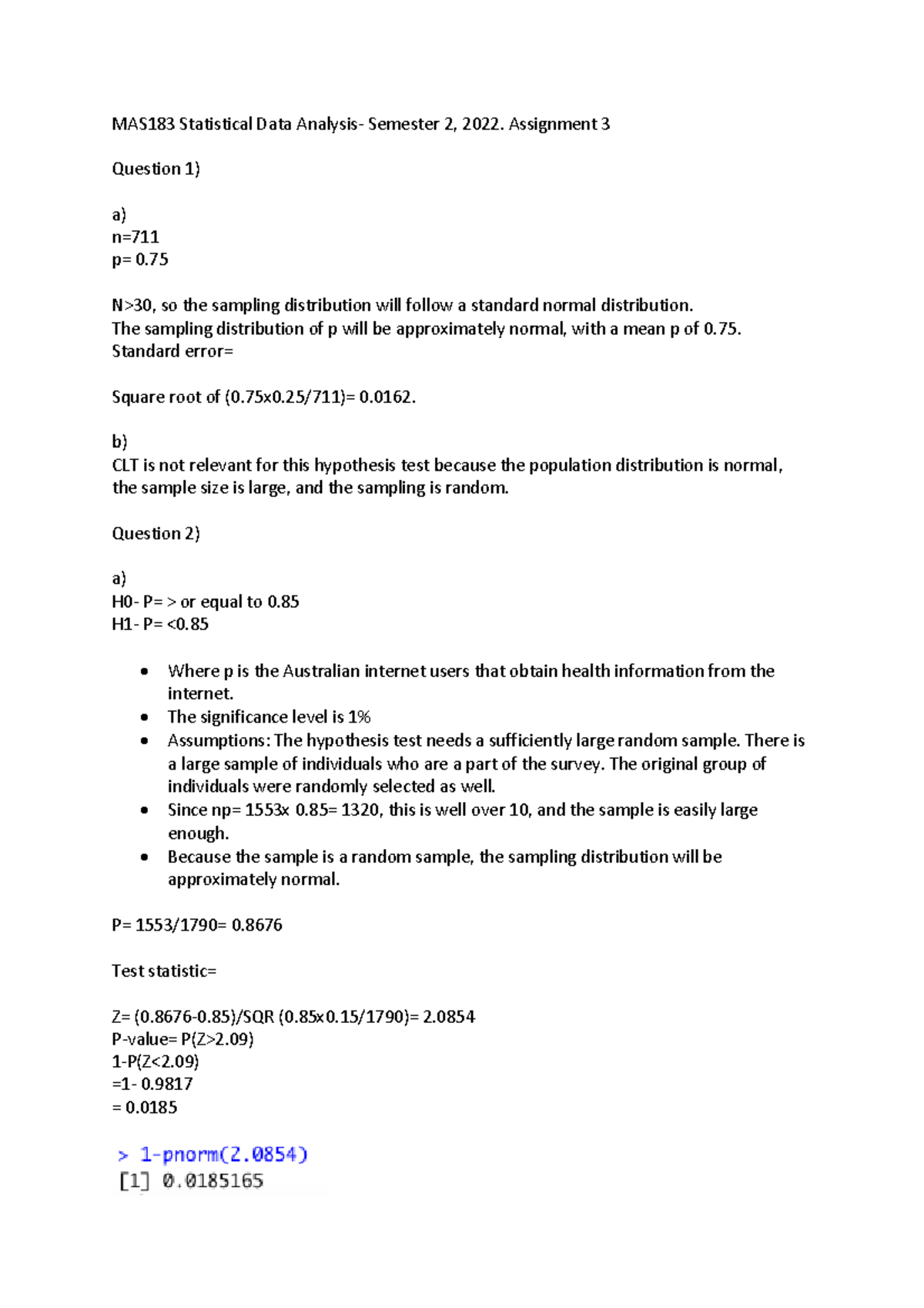 MAS183 A3 - MAS183 Statistical Data Analysis- Semester 2, 2022. Assignment 3 Question 1) a) n ...