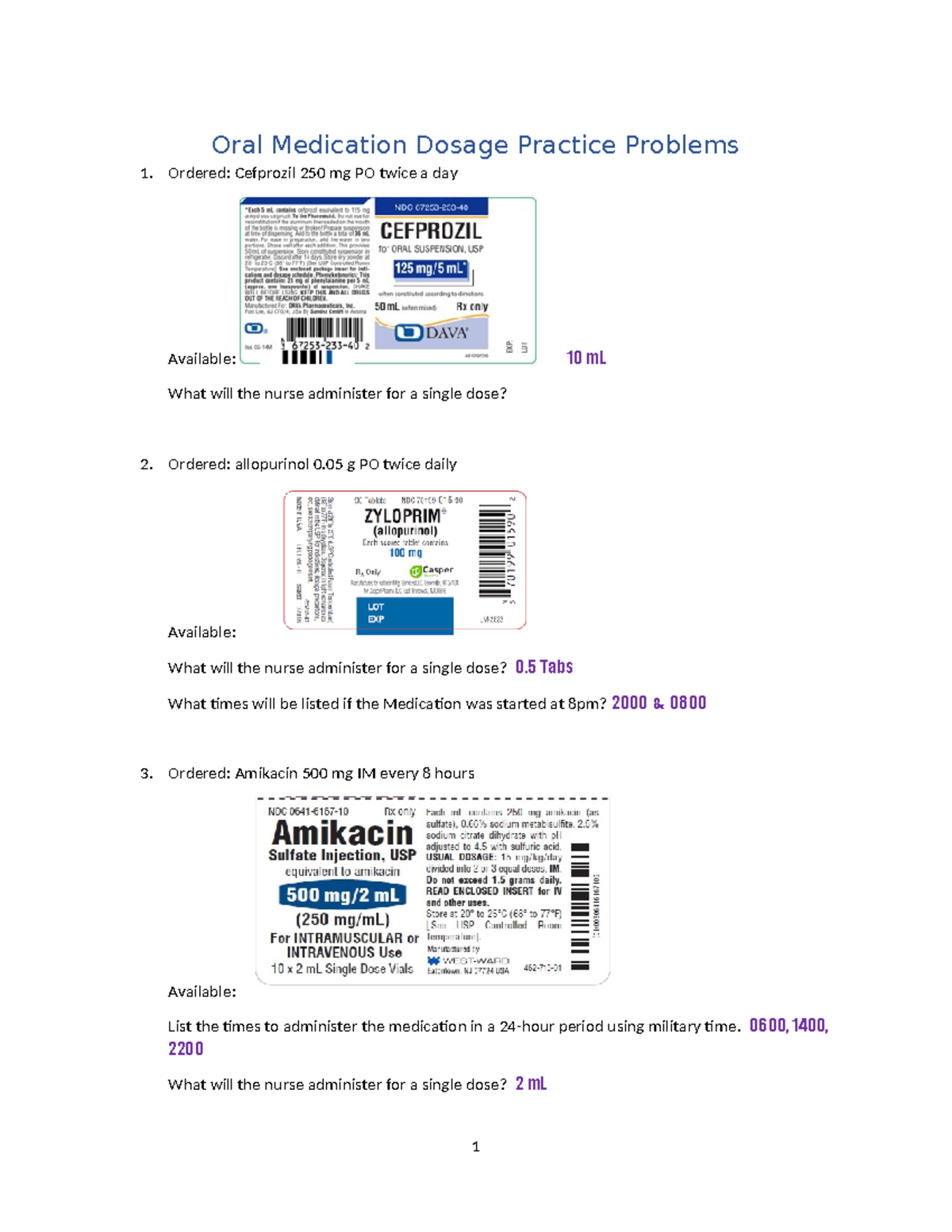 Dosage Calc Practice SLE 2 AY 2023 KEY - Oral Medication Dosage ...