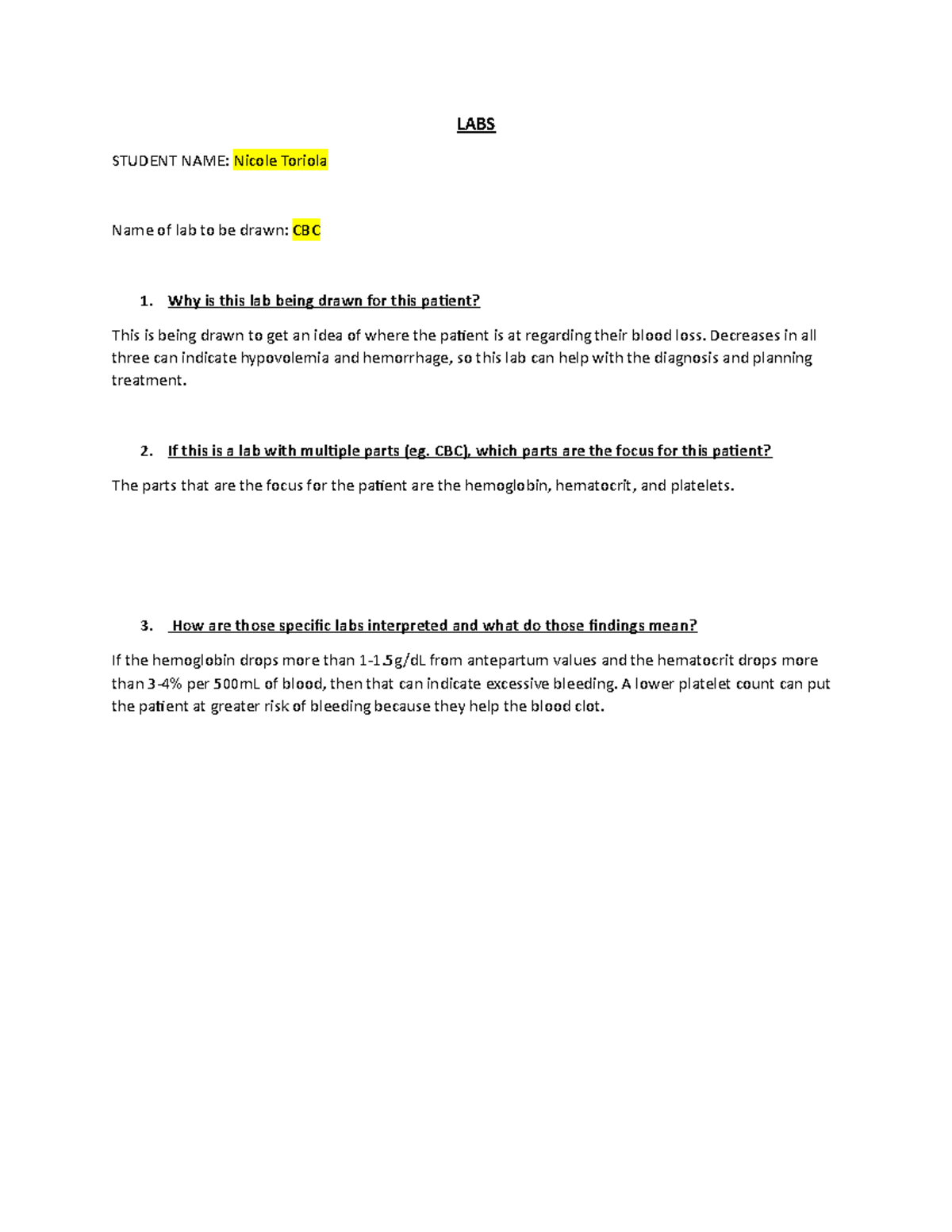 OB Labs Template - STUDENT NAME: Nicole Toriola LABS Name of lab to be ...