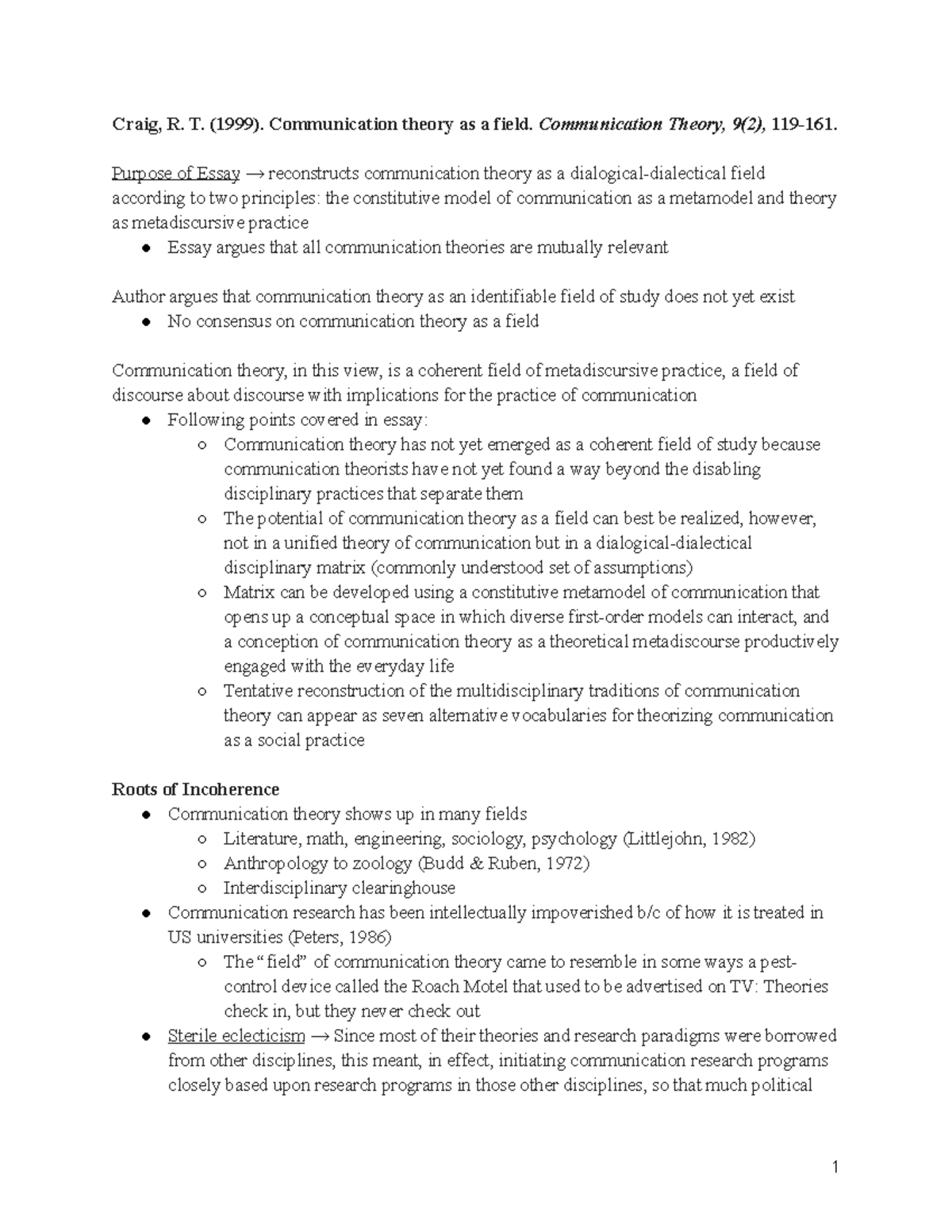 Craig Article Notes - Craig, R. T. (1999). Communication theory as a ...