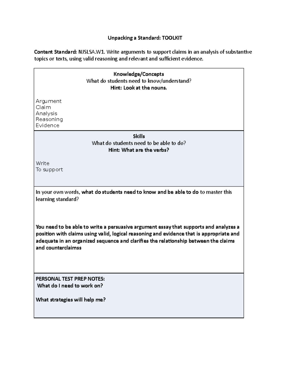 W1 Standard - Unpacking a Standard: TOOLKIT Content Standard: NJSLSA ...