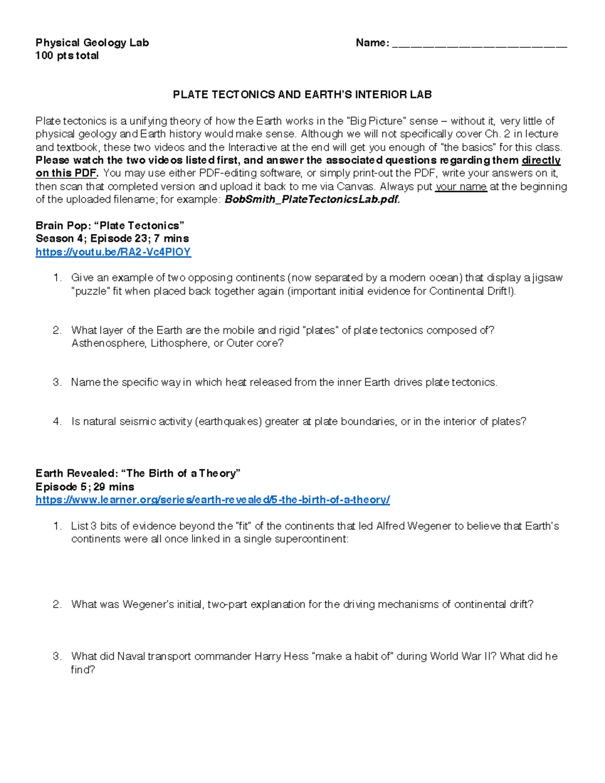 Plate Tectonics Earth Interior lab F20 Final - Physical Geology Lab ...