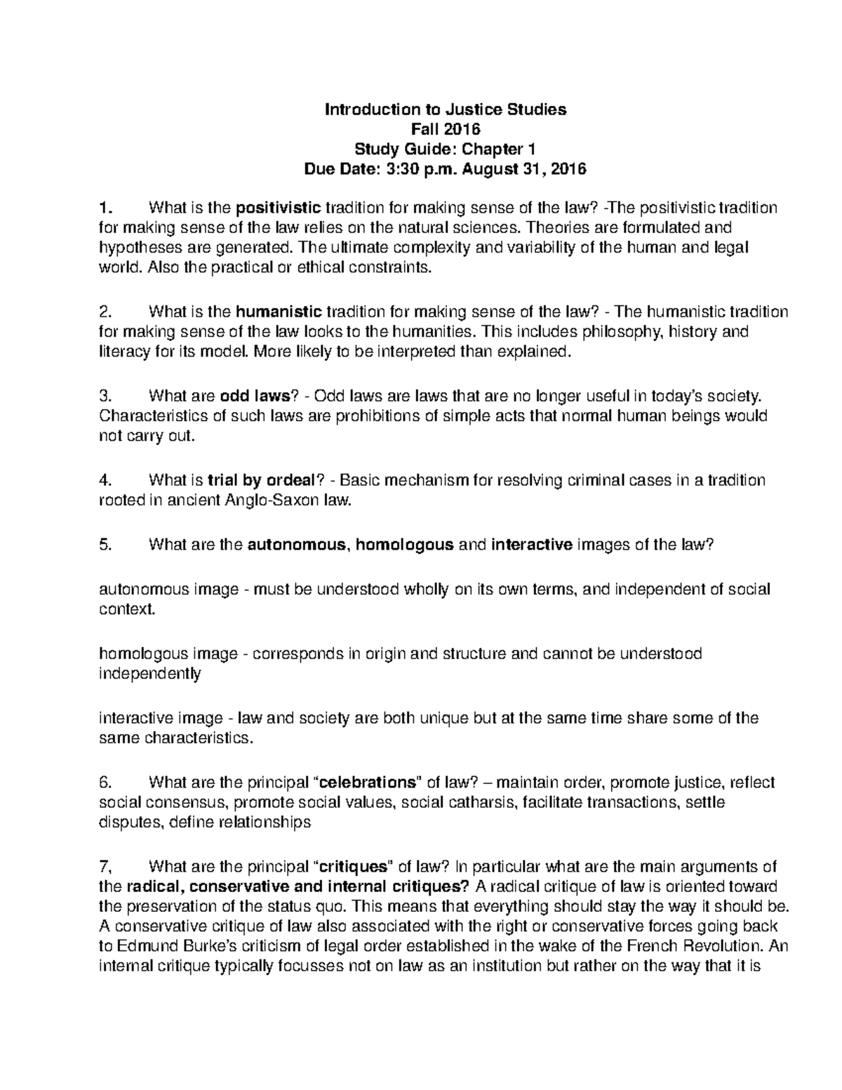 JUST study guide 1 - Introduction to Justice Studies Fall 2016 Study ...