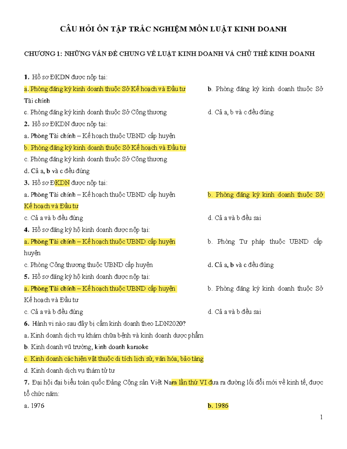 TN LKD - tn lkd - CÂU HỎI ÔN TẬP TRẮC NGHIỆM MÔN LUẬT KINH DOANH CHƯƠNG ...