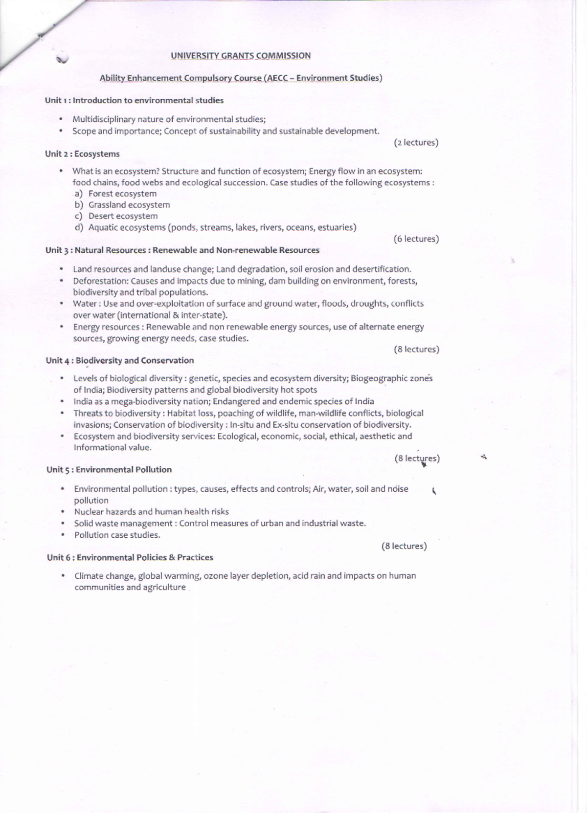 AECC Core sub syllabus - EVS bca 1st sem Bangalore University - Environmental Studies - Studocu