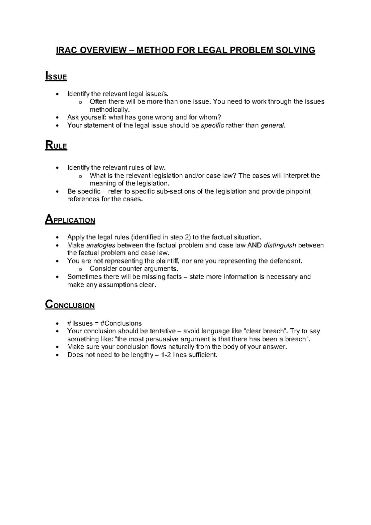 Week 1 Class Notes – IRAC Summary - IRAC OVERVIEW – METHOD FOR LEGAL ...