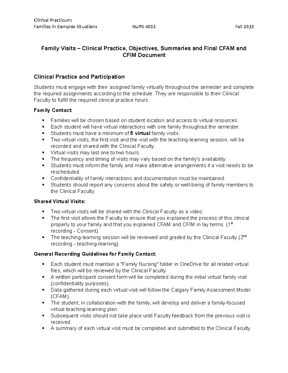 Family Visit objectives, summaries and CFAM and CFIM Assignment -1 ...