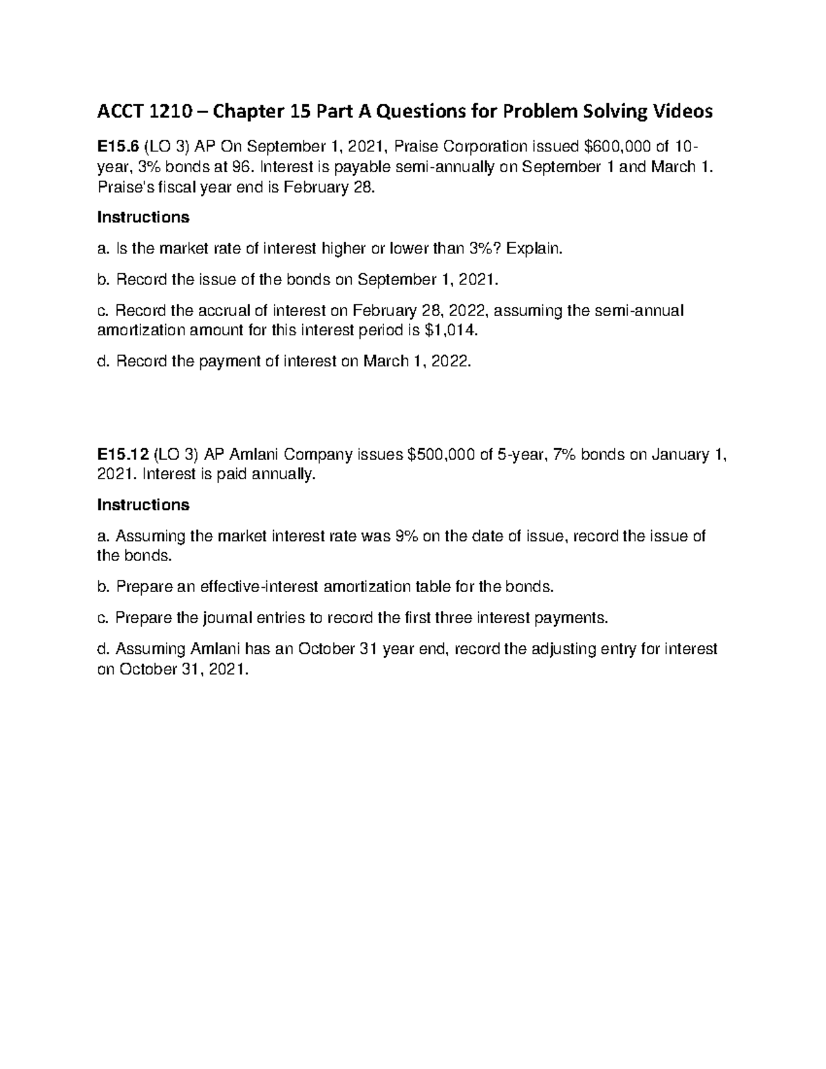 Extra Questions for Chapter 15 Part A - ACCT 1210 – Chapter 15 Part A ...