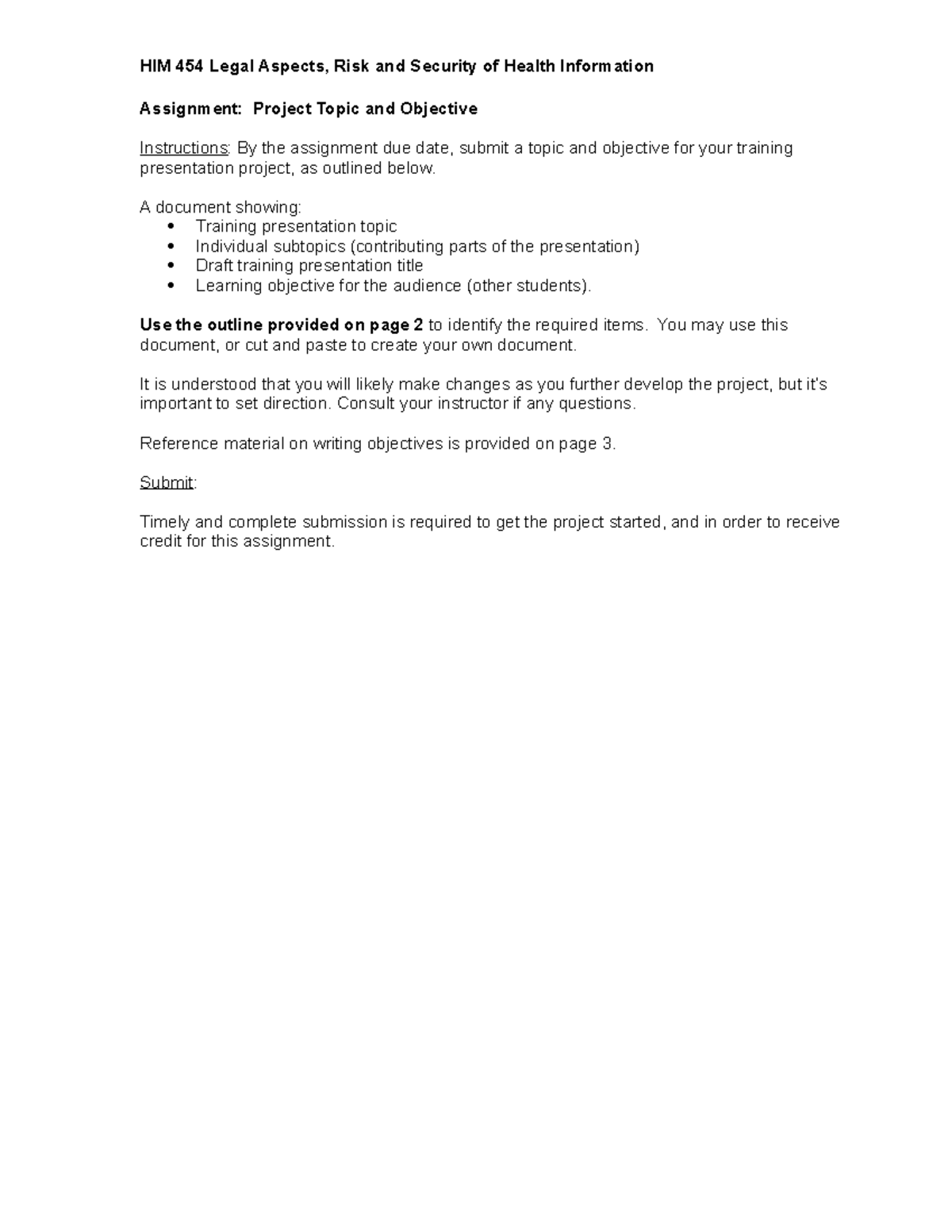 Topic Subtopic Assignment - HIM 454 Legal Aspects, Risk and Security of ...