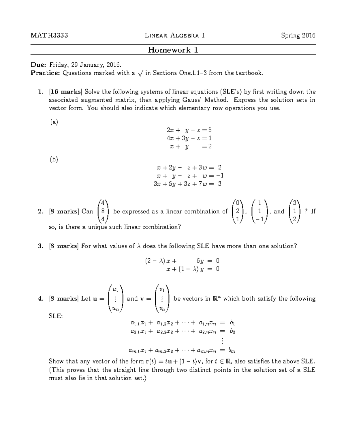 Math 3333 2016 homework 1 - Linear Algebra I Spring 2016 Homework 1 Due ...