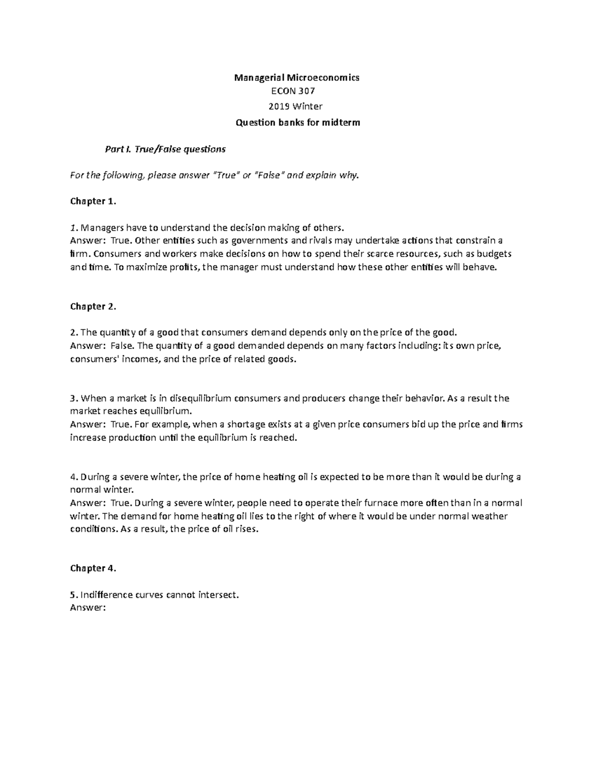 Midterm answers to sample questions - Managerial Microeconomics ECON ...