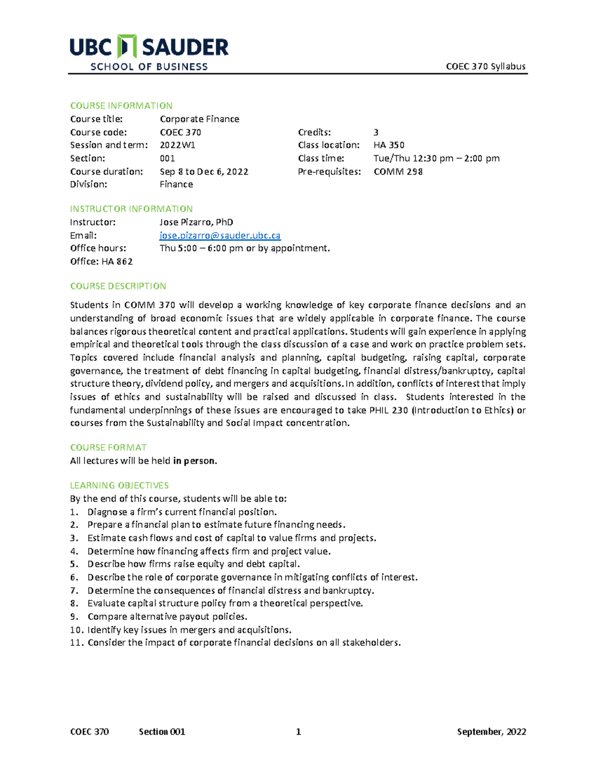 COEC 370 Syllabus 2022 W1 - COURSE INFORMATION Course title: Corporate ...