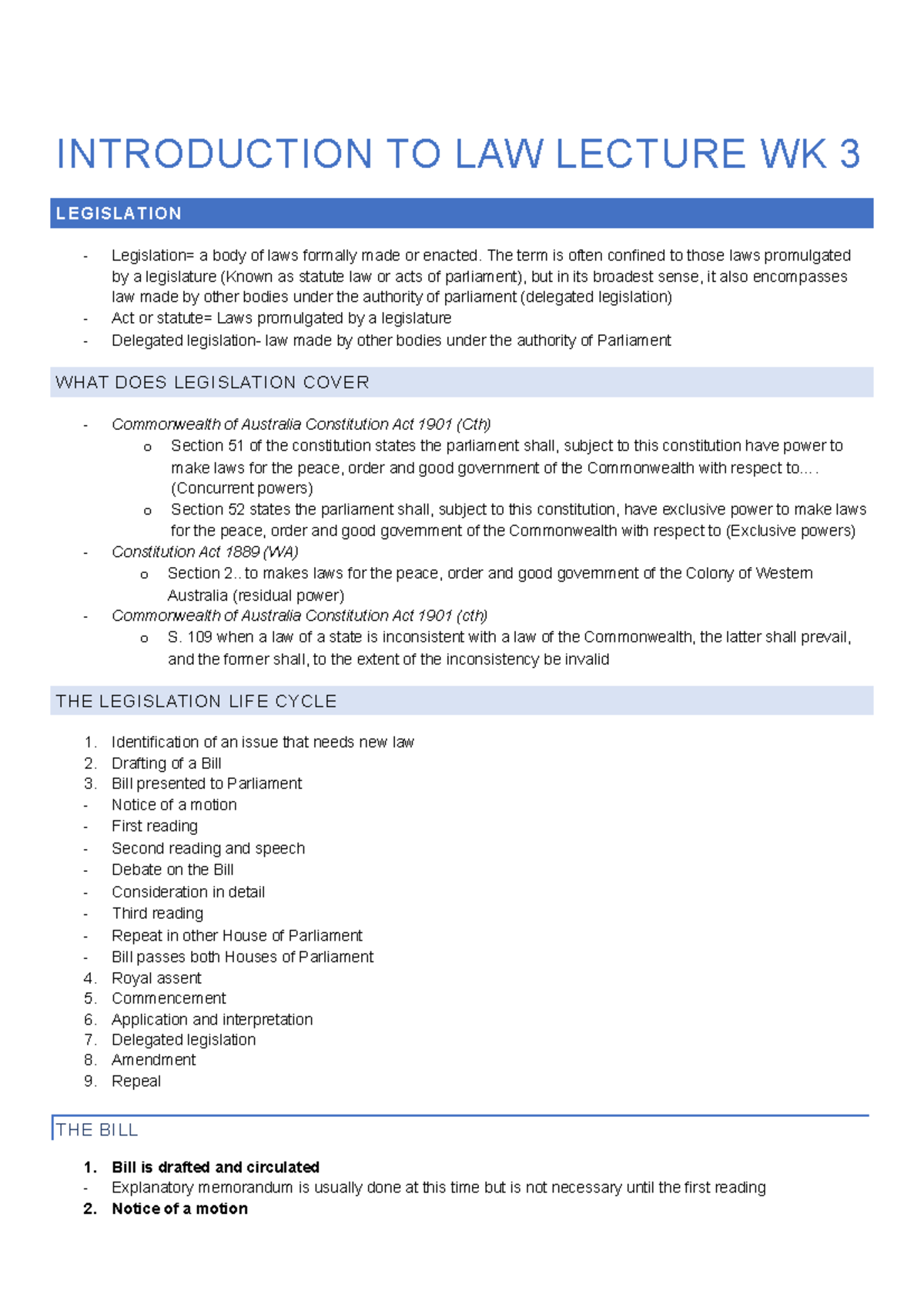 Introduction to law lecture wk 3 - INTRODUCTION TO LAW LECTURE WK 3 ...