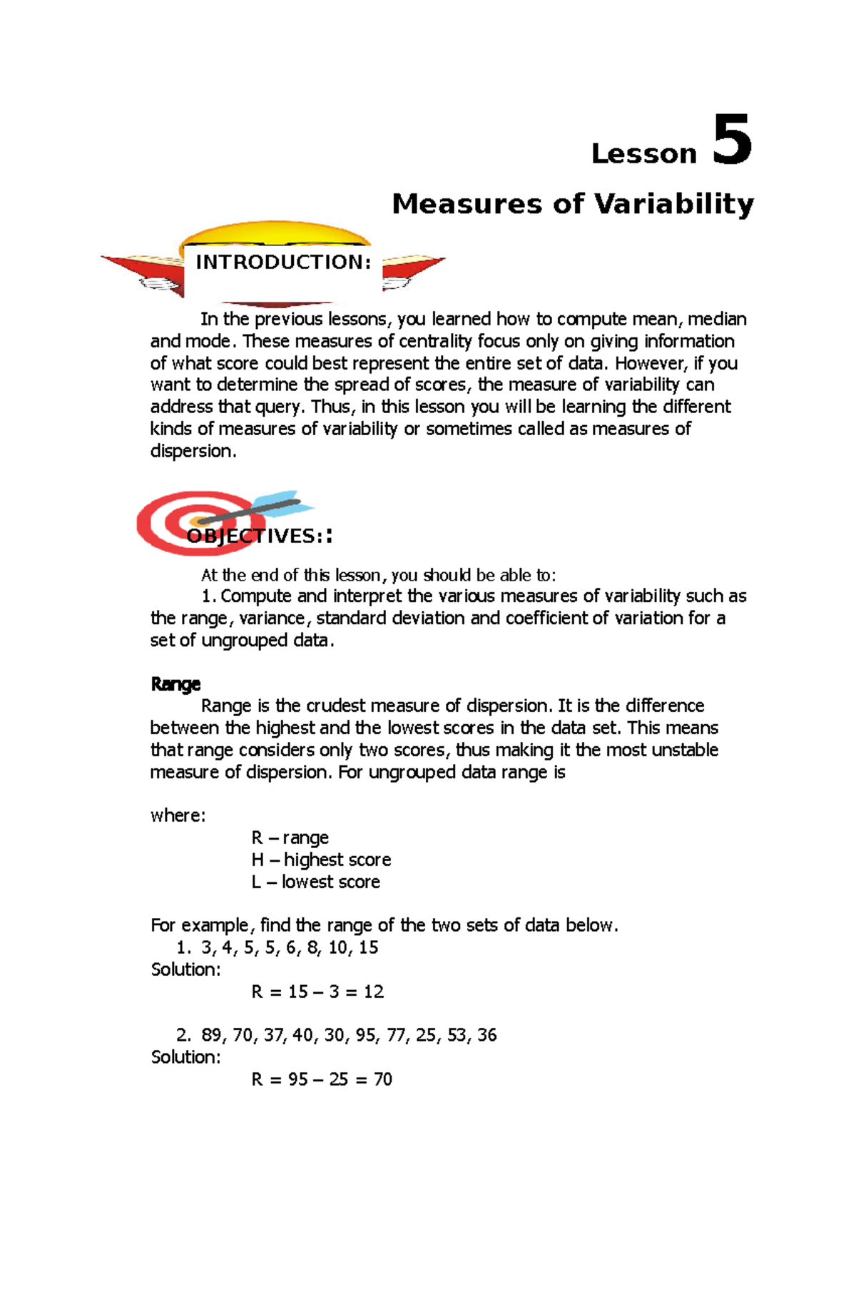 Lesson-5 Measures-of-Variability - INTRODUCTION: OBJECTIVES:: Lesson 5 ...