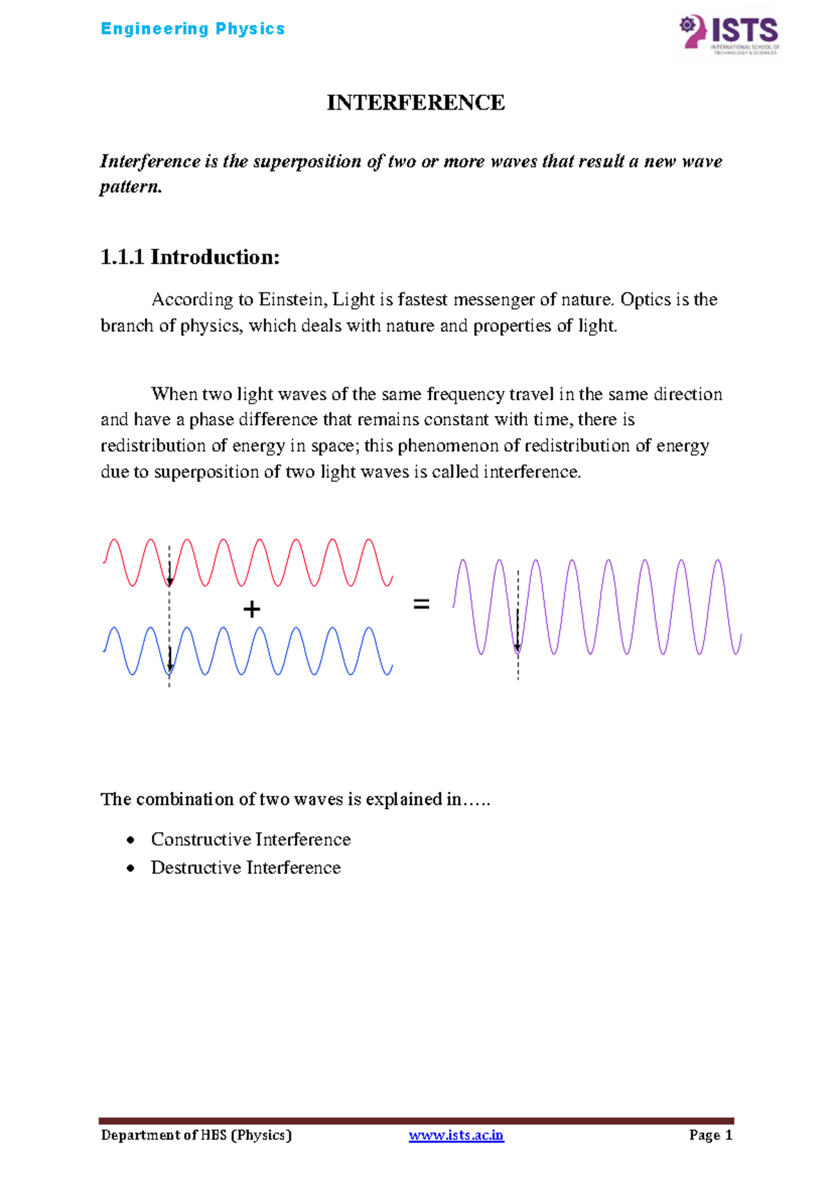 physics use full notes by ists vollege - INTERFERENCE Interference is ...