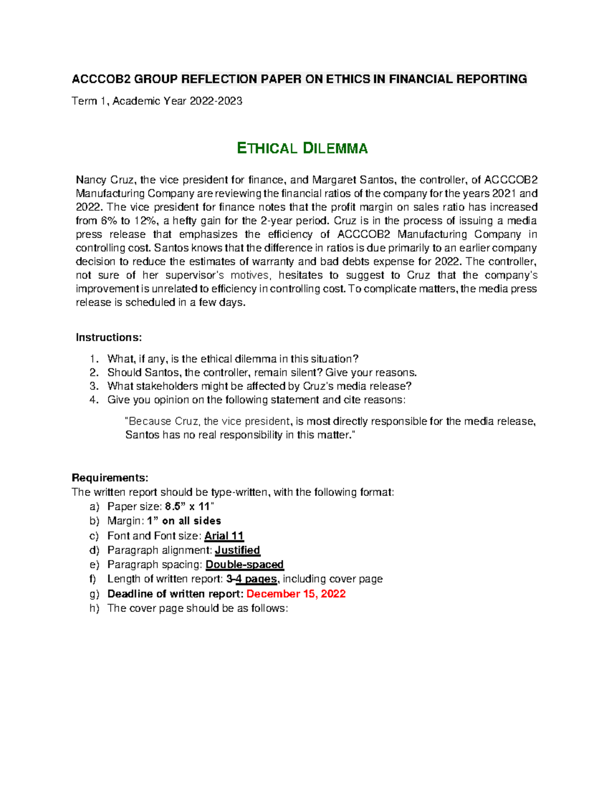 Ethics CASE IN Financial Reporting - ACCCOB2 GROUP REFLECTION PAPER ON ...