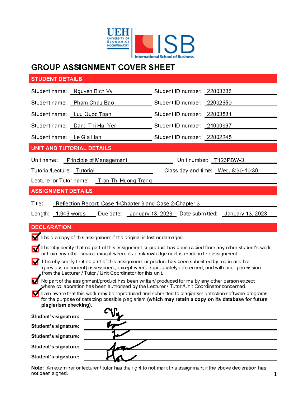 Reflection report 1-group 9 - GROUP ASSIGNMENT COVER SHEET STUDENT DETAILS Student name: Nguyen ...