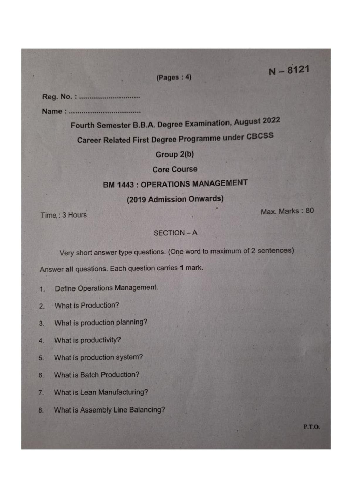 Operations Management PYQ 2022 - N 8121 (Pages : 4) Reg. No. : Name ...