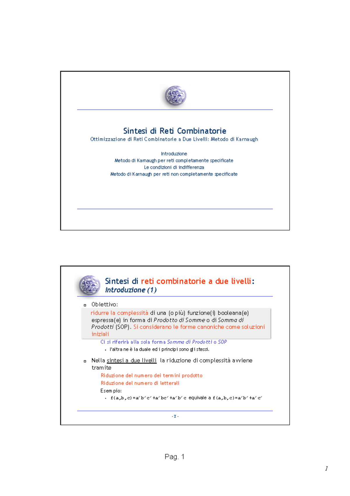 02 - Reti combinatorie a 2 livelli, Metodo di Karnaugh - Pag. 1 Sintesi ...